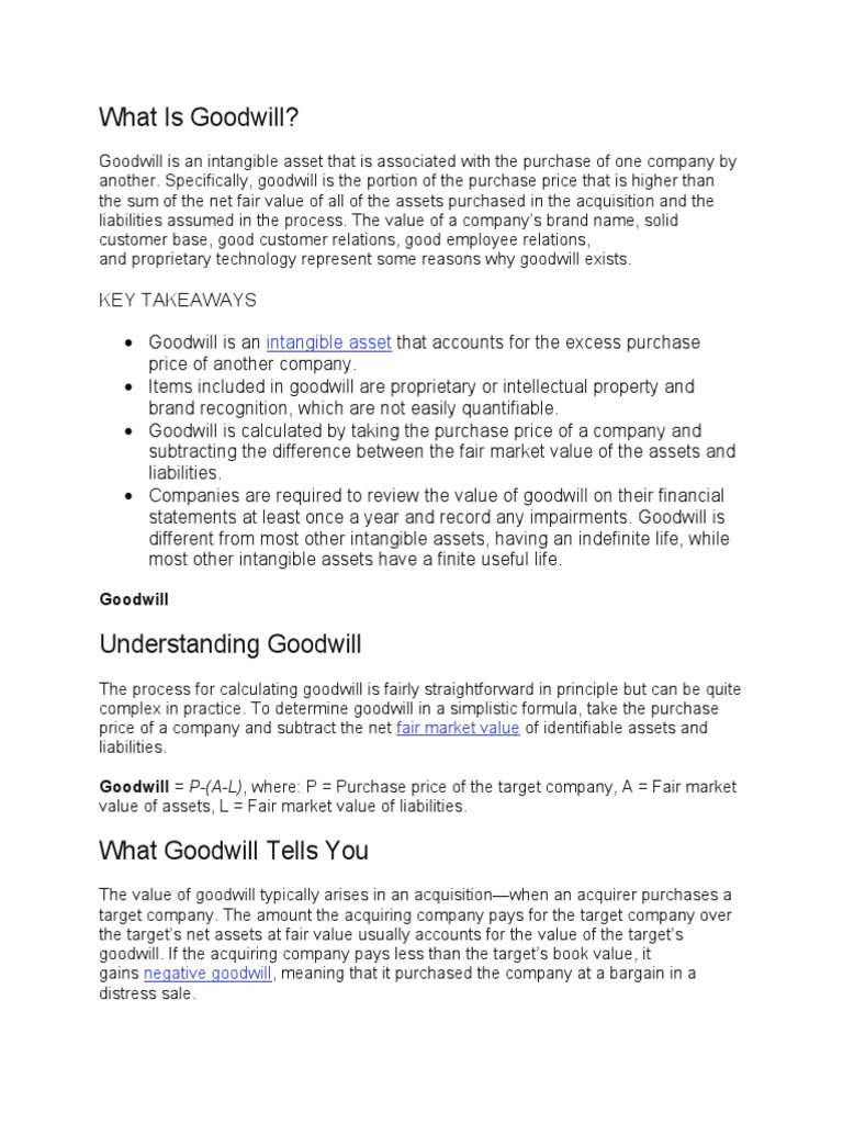 What Is Goodwill?: Key Takeaways | PDF | Goodwill (Accounting ...