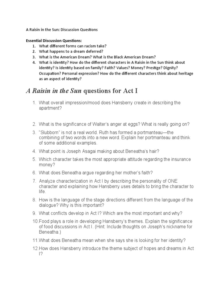 A Raisin in The Sun - Questions | PDF | Psychological Concepts