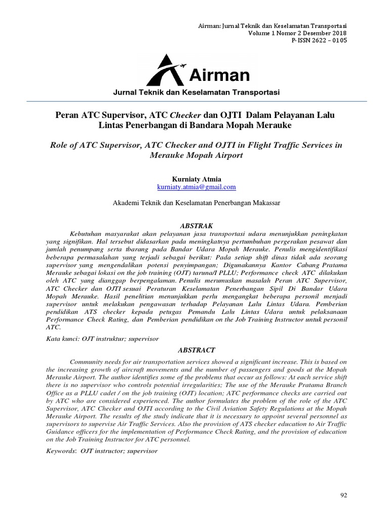 Peran ATC Supervisor, ATC Checker Dan OJTI Dalam Pelayanan Lalu Lintas ...