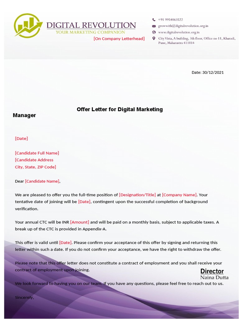 Offer Letter For Digital Marketing Manager: (On Company Letterhead) | PDF