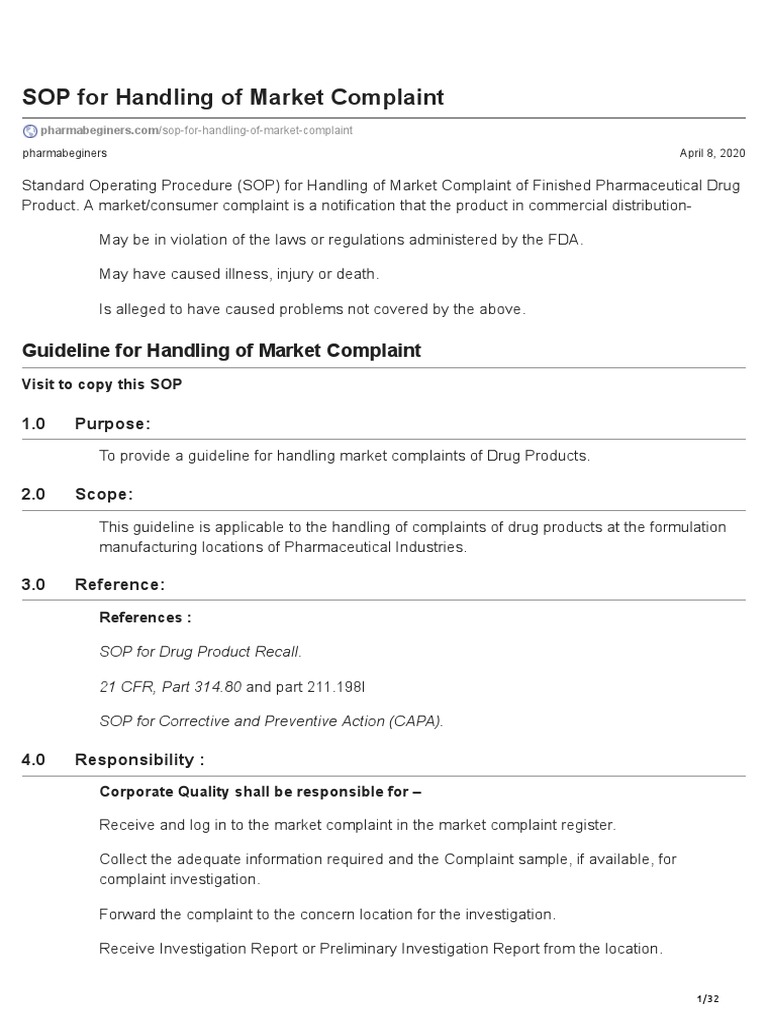 SOP For Handling of Market Complaint | PDF