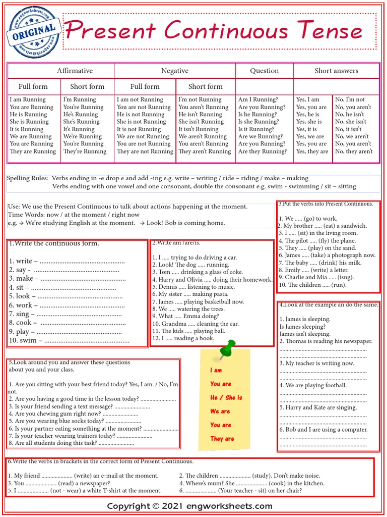 Present Continuous Tense ESL Exercises Worksheet | PDF | Language ...