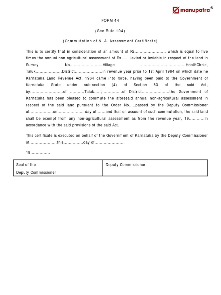 Form 44 (See Rule 104) (Commutation of N. A. Assessment Certificate) | PDF