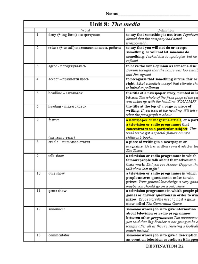 Destination B2 - Unit 8 - The Media | PDF | Newspapers | News