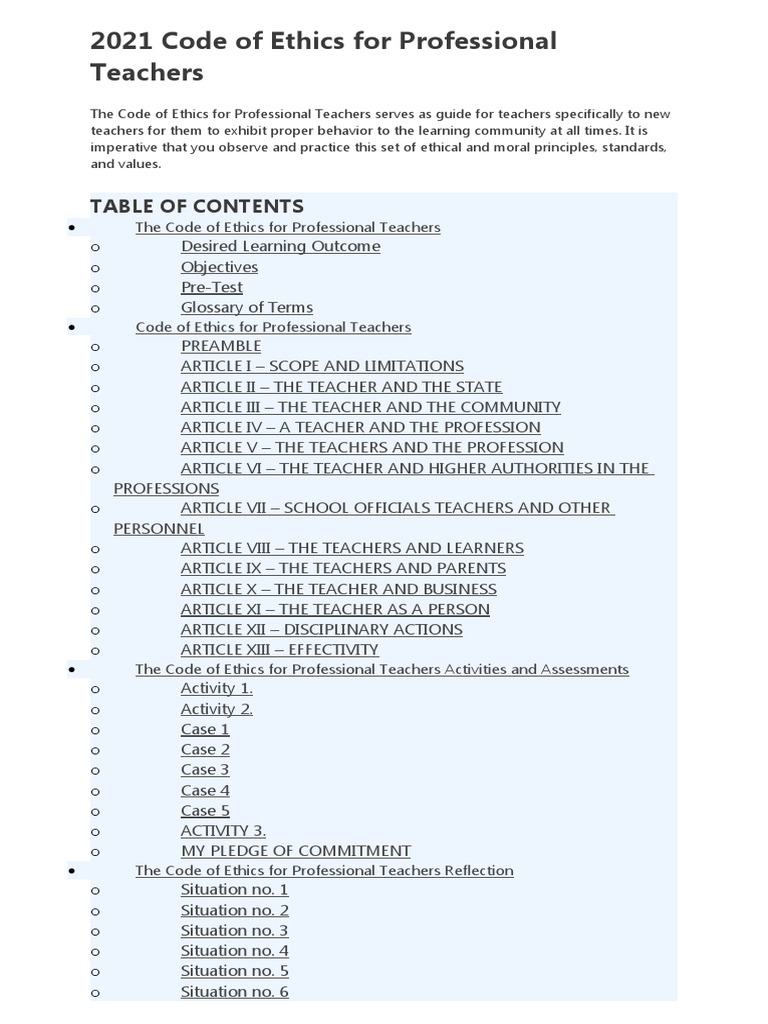 2021 Code of Ethics For Professional Teachers | PDF | Teachers | Learning