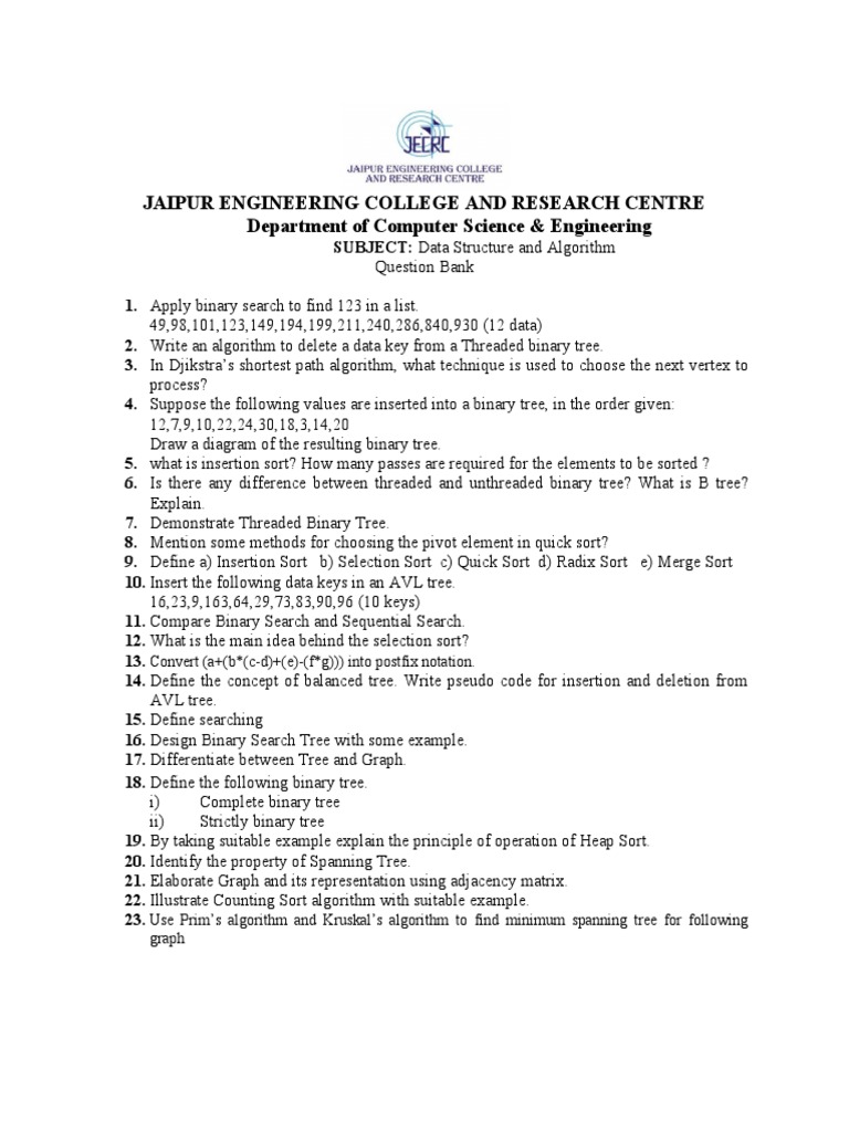 Dsa Question Bank Mtt Ii Pdf Applied Mathematics Algorithms And Data Structures 4160