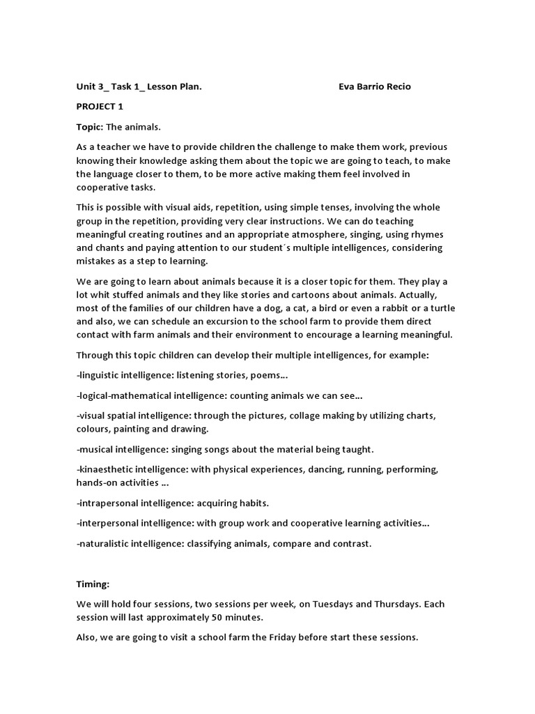 Unit 3 Task1 Lesson Plan - The Animals | PDF | Lesson Plan | Intelligence