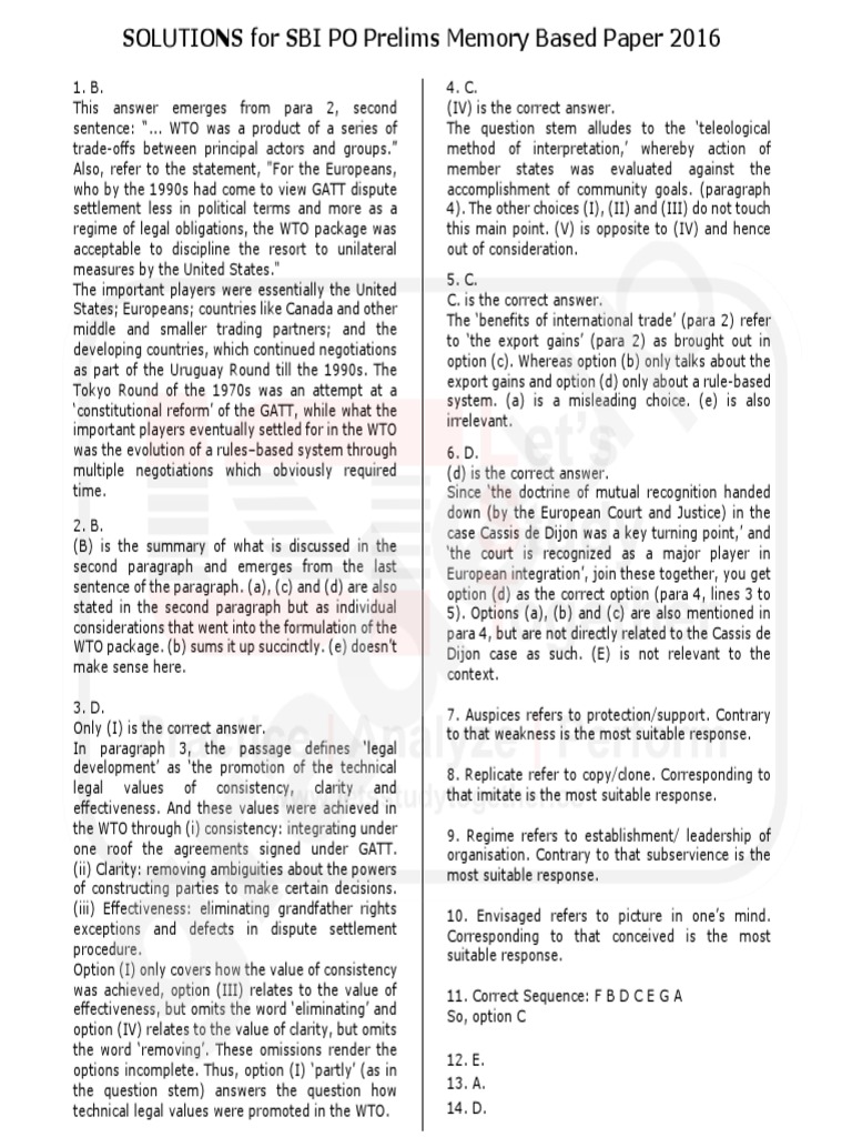 SBI PO Prelims 2016 Solutions | PDF | World Trade Organization ...