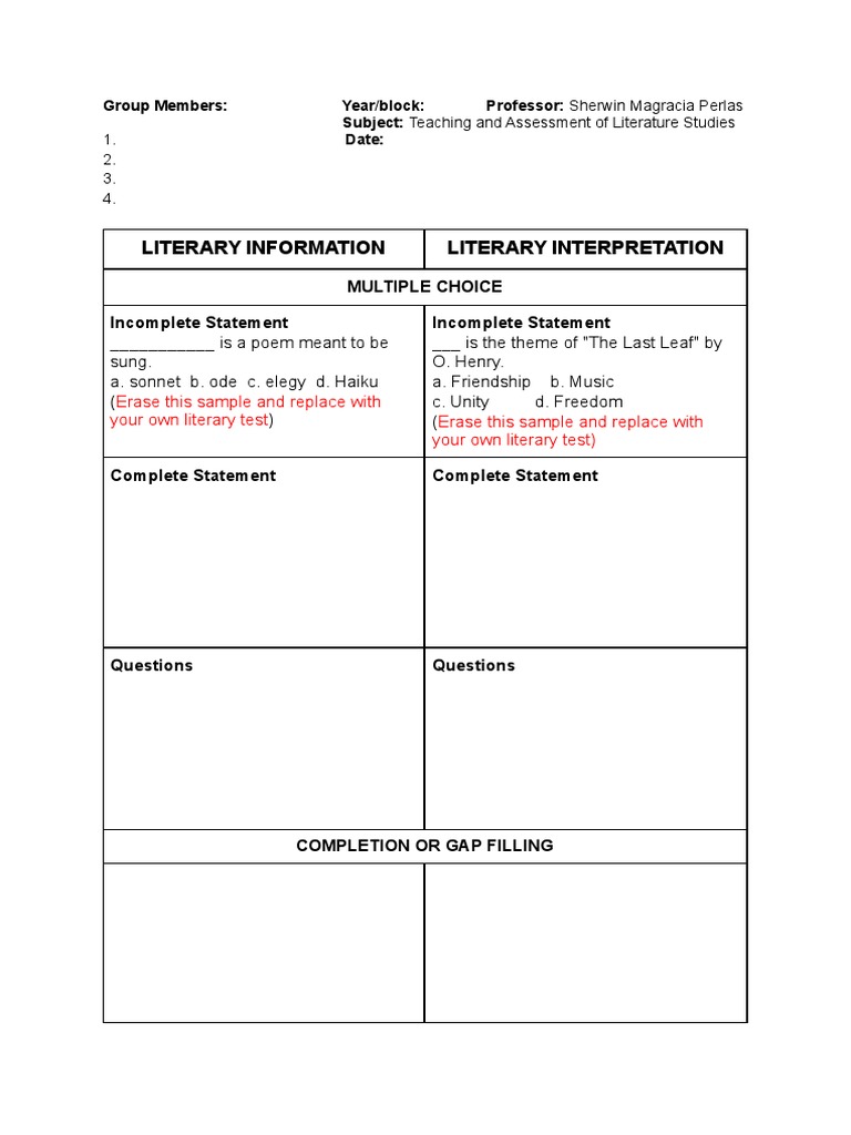 Literature Test Construction Template | PDF