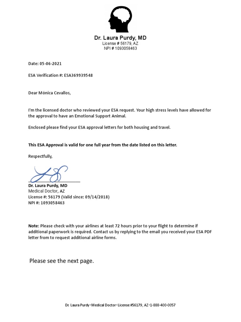 Dr. Purdy's ESA Approval Letter | PDF | Psychiatry | Applied Psychology