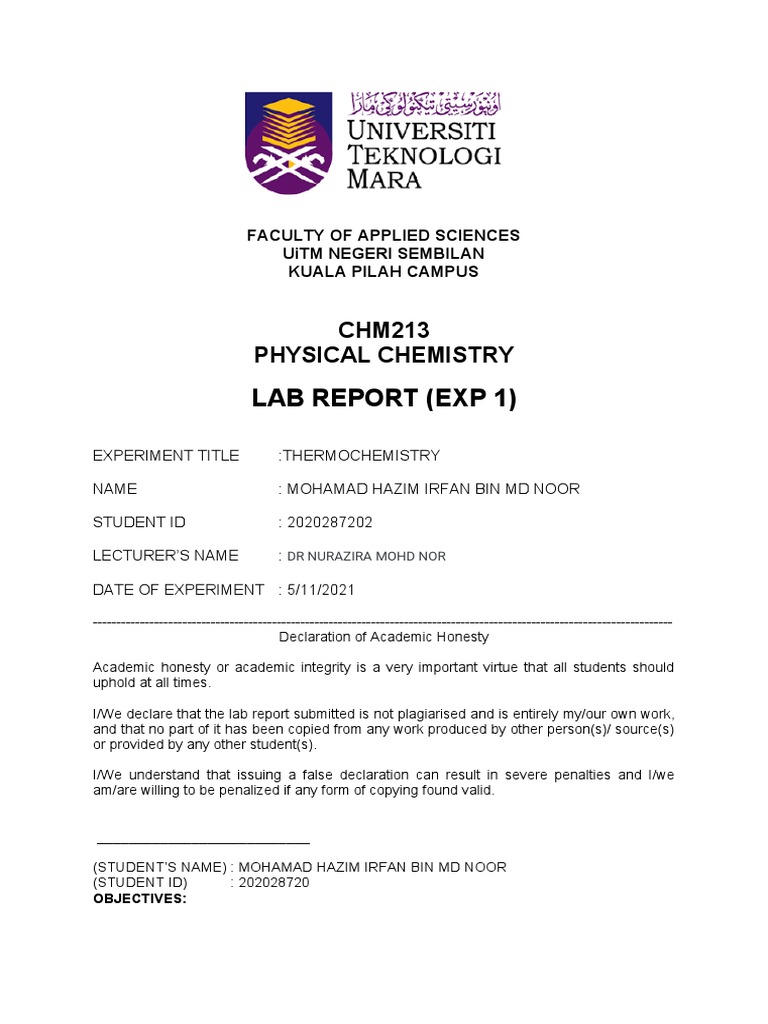 Lab Report (Exp 1) : CHM213 Physical Chemistry | PDF | Heat | Applied ...