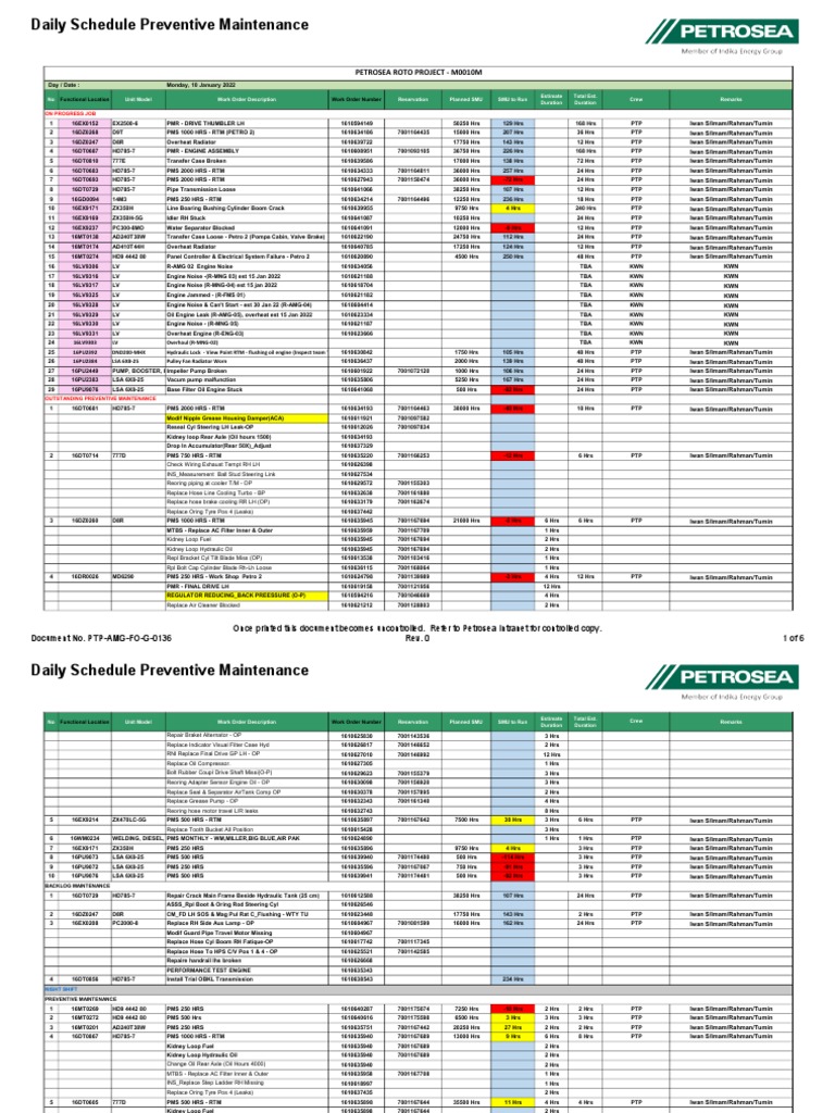 AMG Daily Service Schedule RTO 11-12 Jan 2022 Update | PDF | Mechanical ...