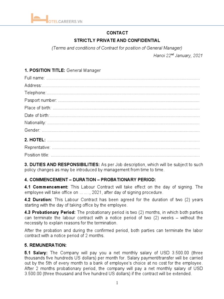 (Terms and Conditions of Contract For Position of General Manager ...