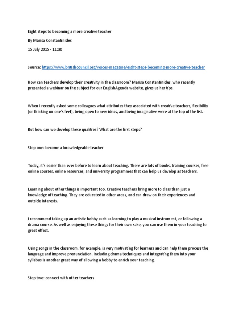 Eight Steps To Becoming A More Creative Teacher | PDF | Teachers ...