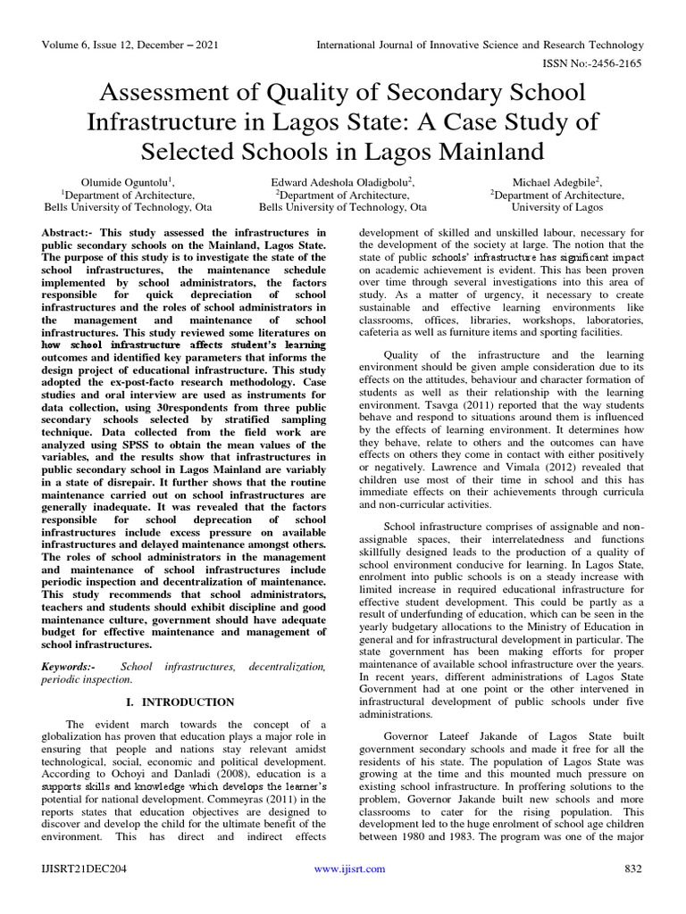Assessment of Quality of Secondary School Infrastructure in Lagos State ...