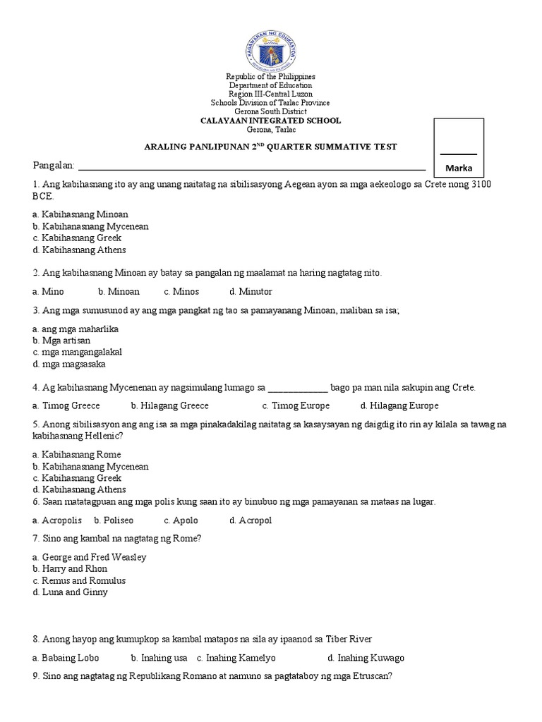 Araling Panlipunan 08 Q2 - Summative Test | PDF