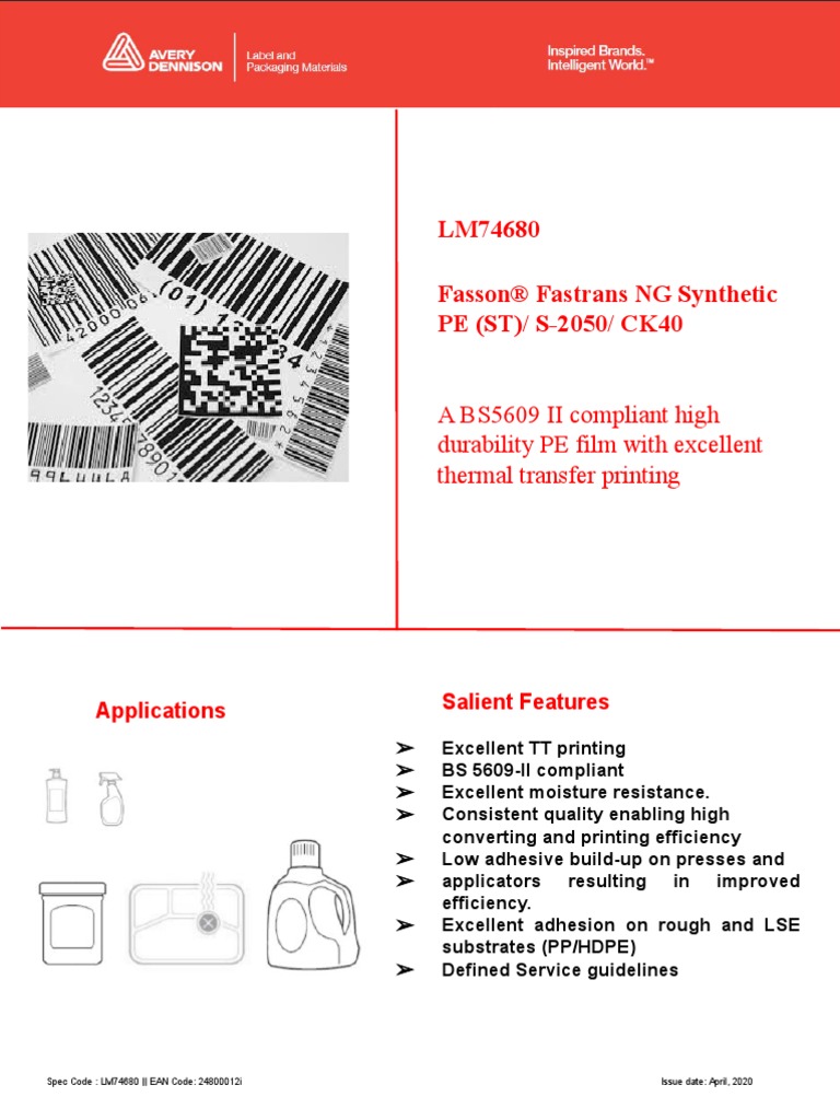 LM74680 Fasson® Fastrans NG Synthetic PE (ST) / S-2050/ CK40 | PDF ...