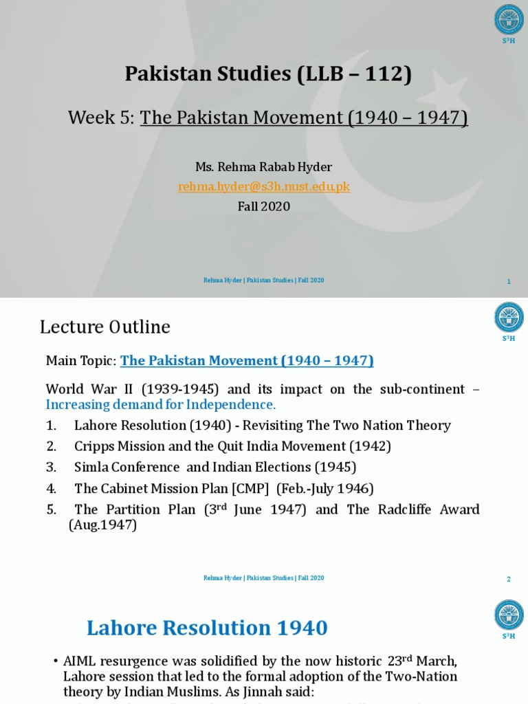 Lecture 5 - The Pakistan Movement (1940 - 1947) PAK STUDIES | PDF | All ...