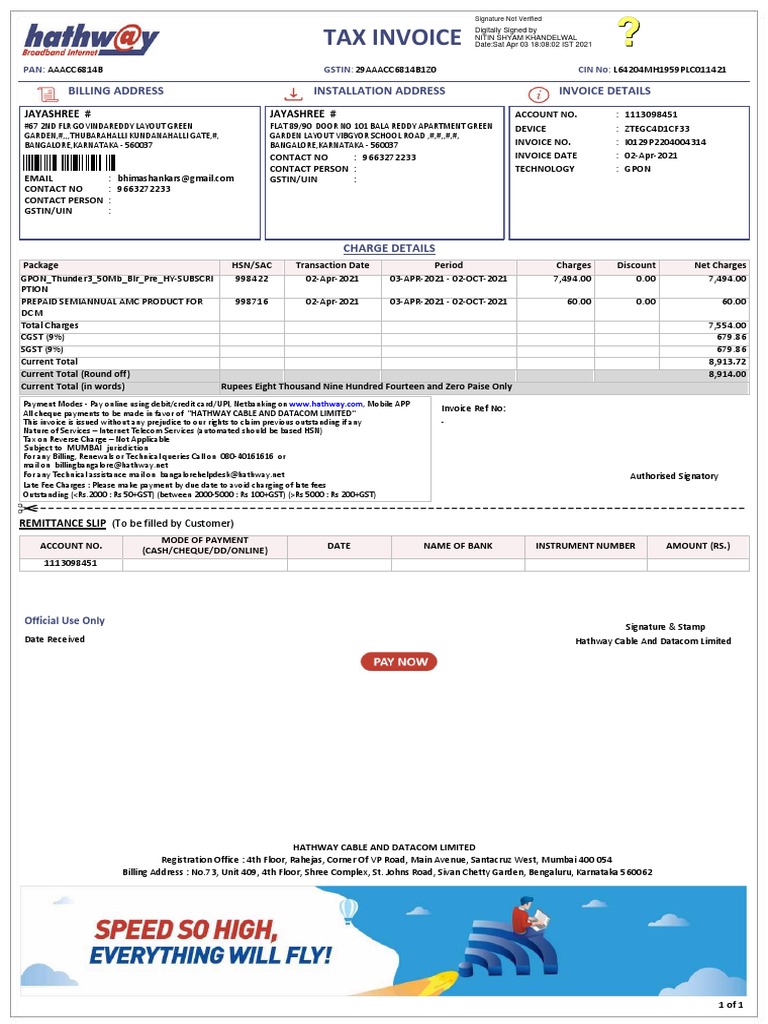 Tax Invoice: Billing Address Installation Address Invoice Details | PDF ...