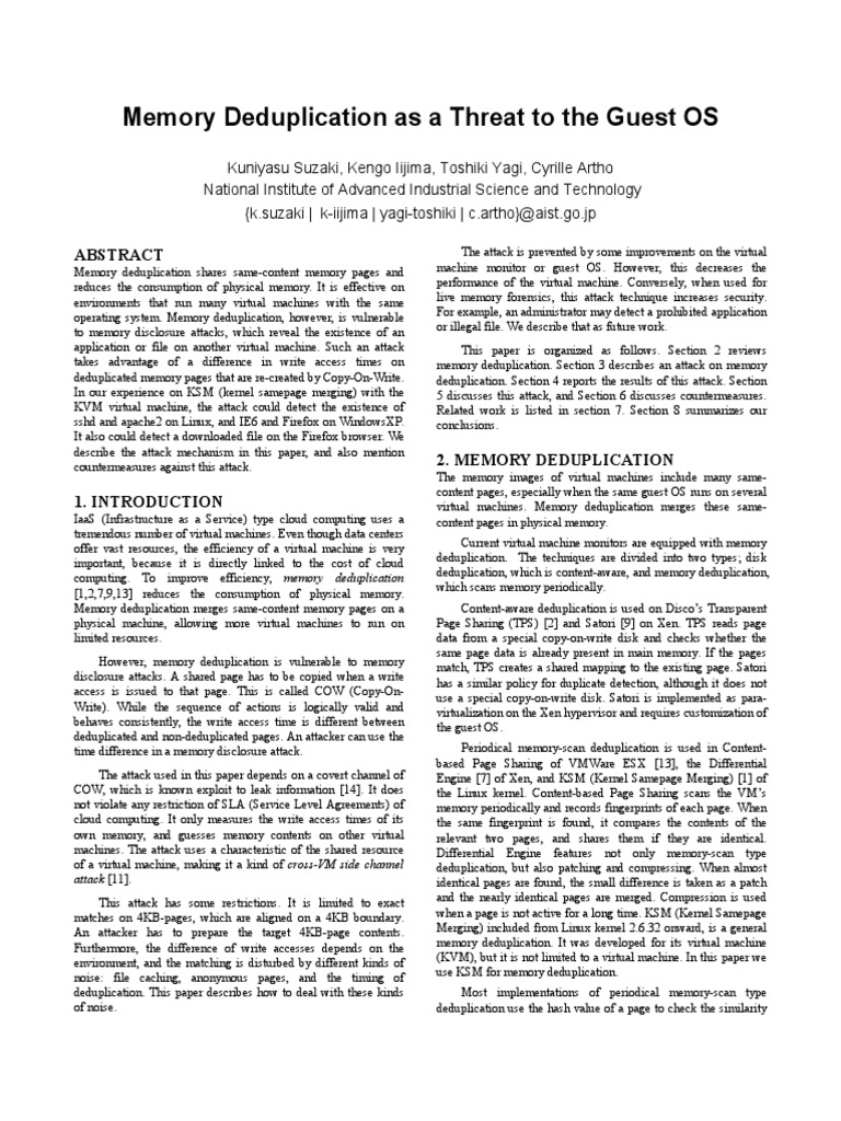 Memory Deduplication As A Threat To The Guest OS - Kuniyasu Suzaki, Kengo Iijima, Toshiki Yagi ...
