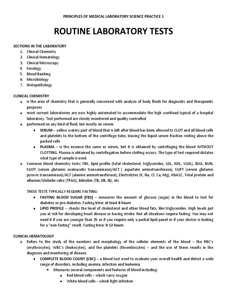 Pmlsp1 - Routine Lab Tests | PDF | Blood Plasma | Serology