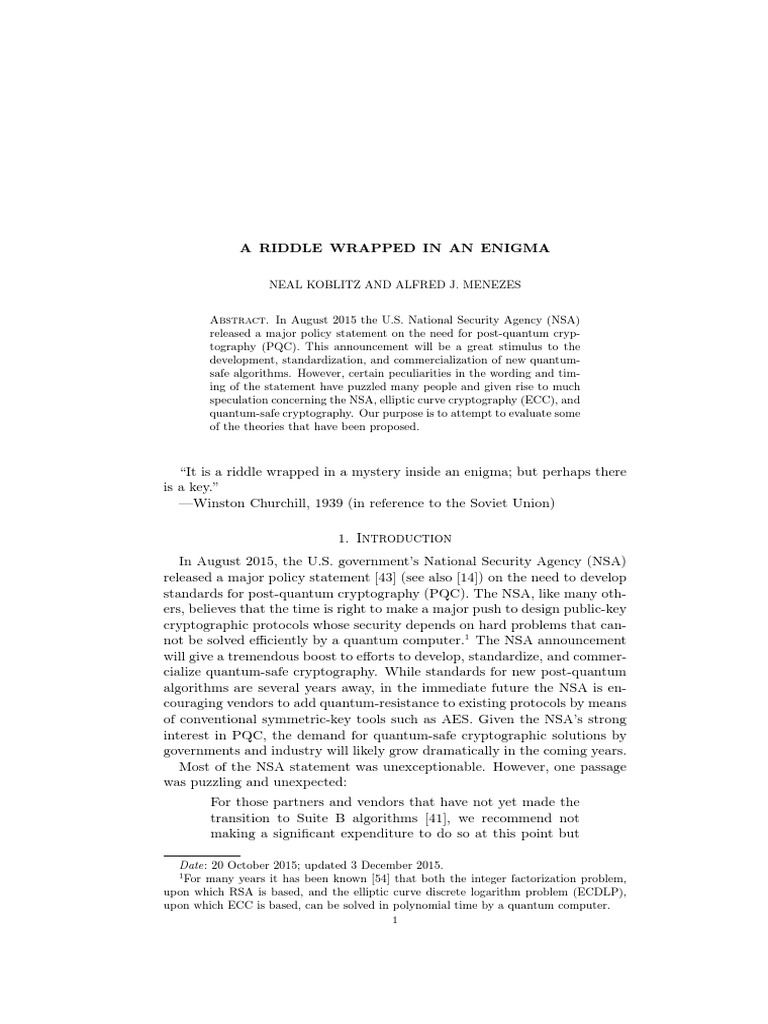 A Riddle Wrapped in An Enigma - Neal Koblitz, Alfred J. Menezes | PDF | Cryptography | Applied ...