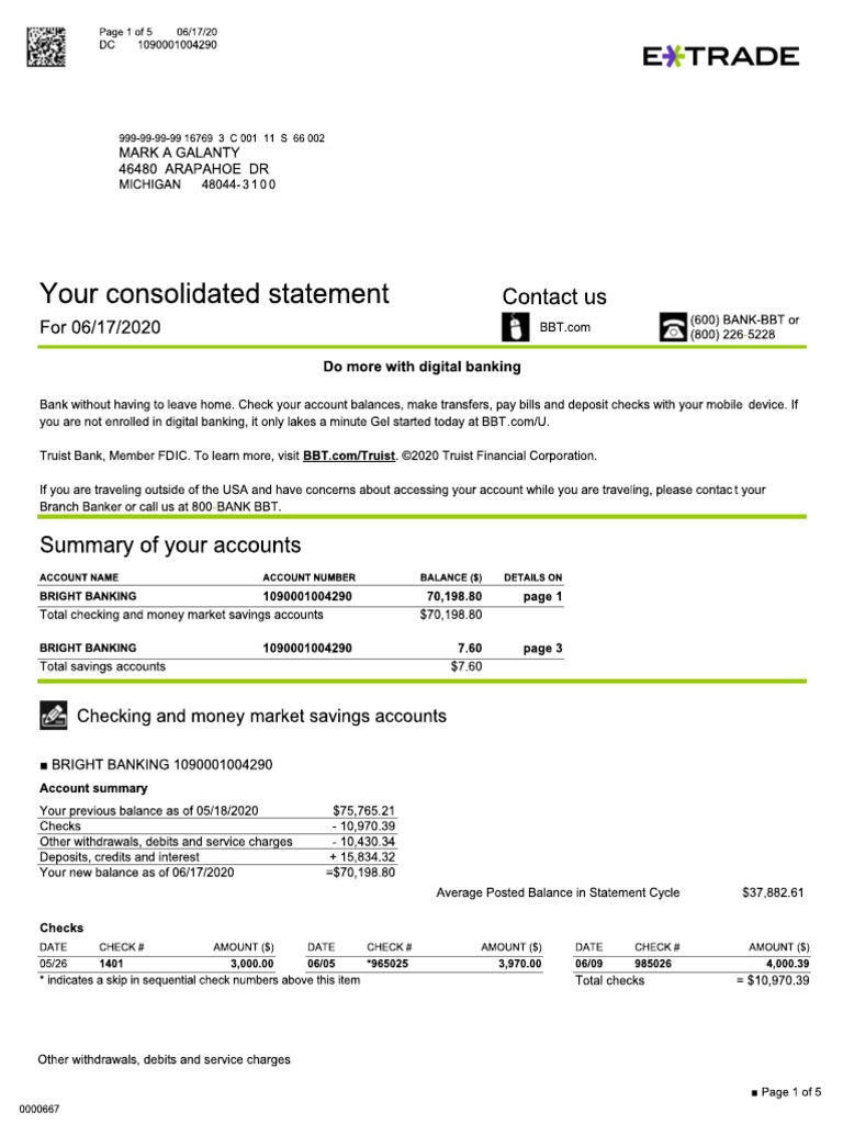 BB&T Bank Statement For June 17 2020 Etrade Editable | PDF