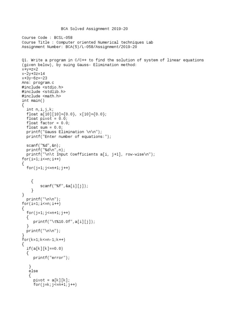 Bcsl 058 Computer Oriented Numerical Techniques Lab Solved Assignment