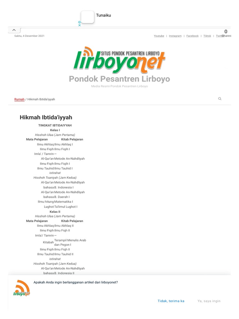 Pelajaran Ibtida'iyyah - Pondok Pesantren Lirboyo | PDF