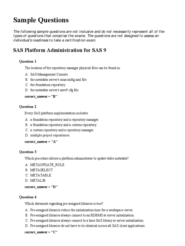 Sample Questions: SAS Platform Administration For SAS 9 | PDF ...