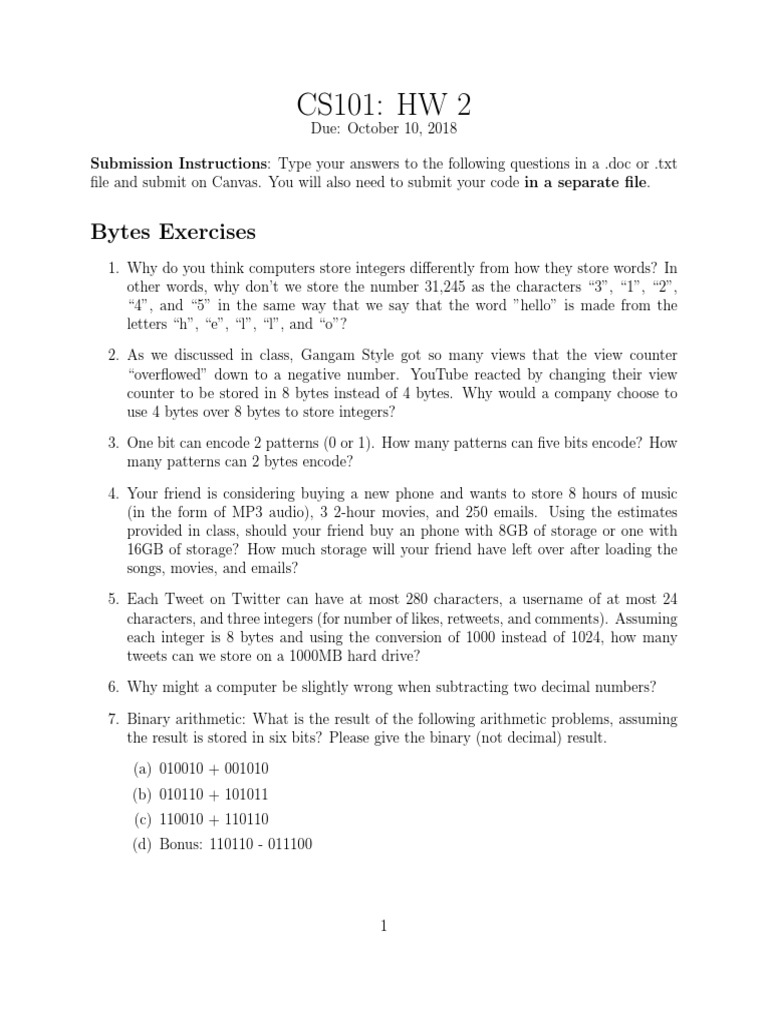 CS101: HW 2: Bytes Exercises | PDF | Data Compression | Computer Data
