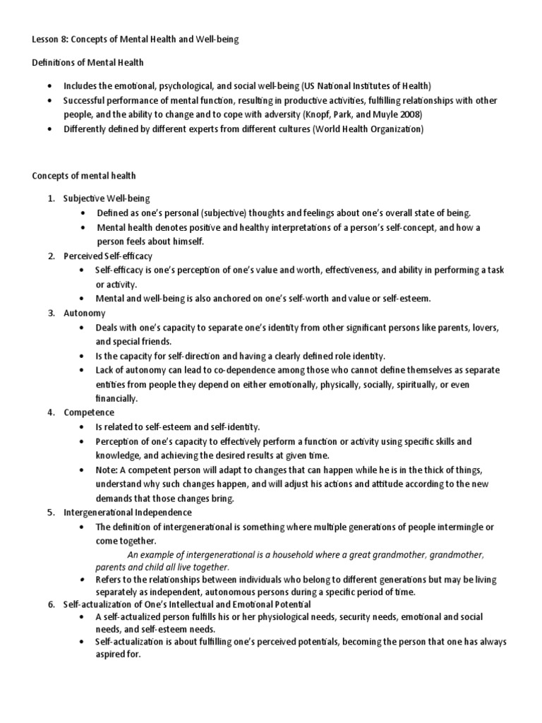Lesson 8 - Concepts of Mental Health and Well-Being | PDF | Mental ...
