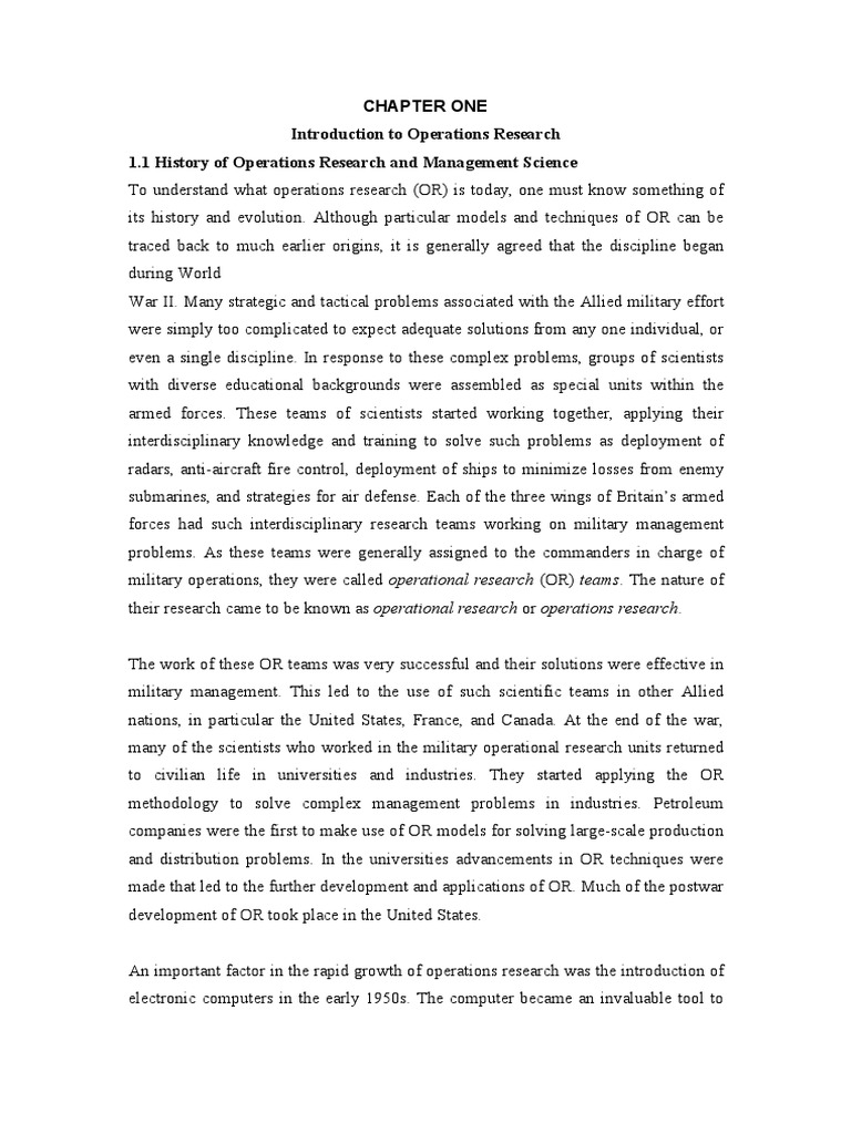 Chapter One Introduction To Operations Research 1.1 History of ...