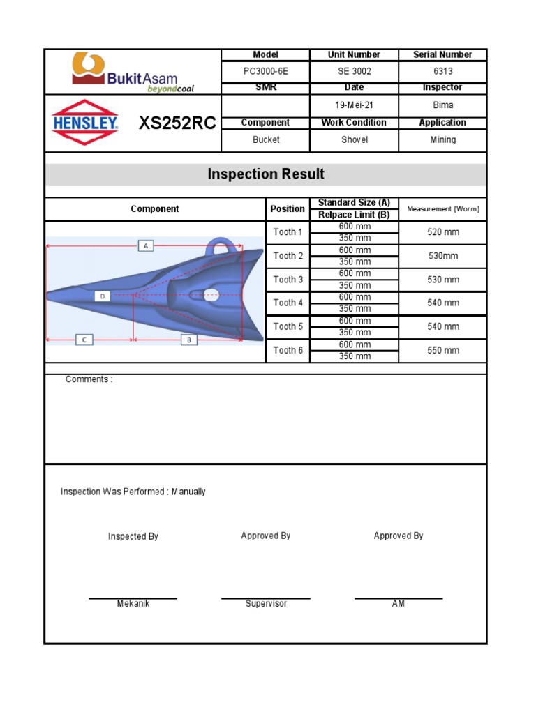 Tooth Bucket Inspection Sheet | PDF | Land Vehicles