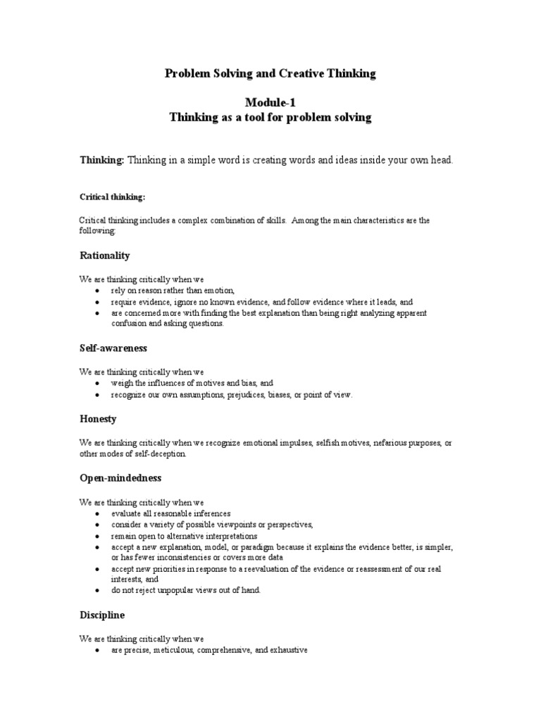 Problem Solving and Creative Thinking Module-1 Thinking As A Tool For Problem Solving | PDF ...