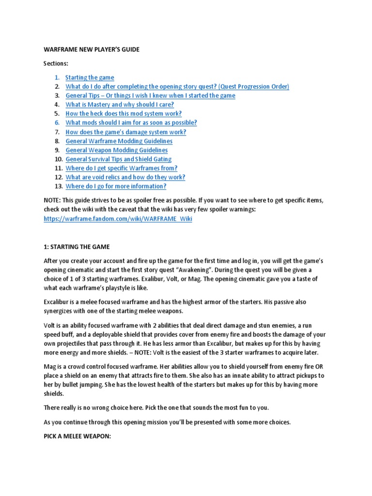 Warframe New Players Guide | PDF