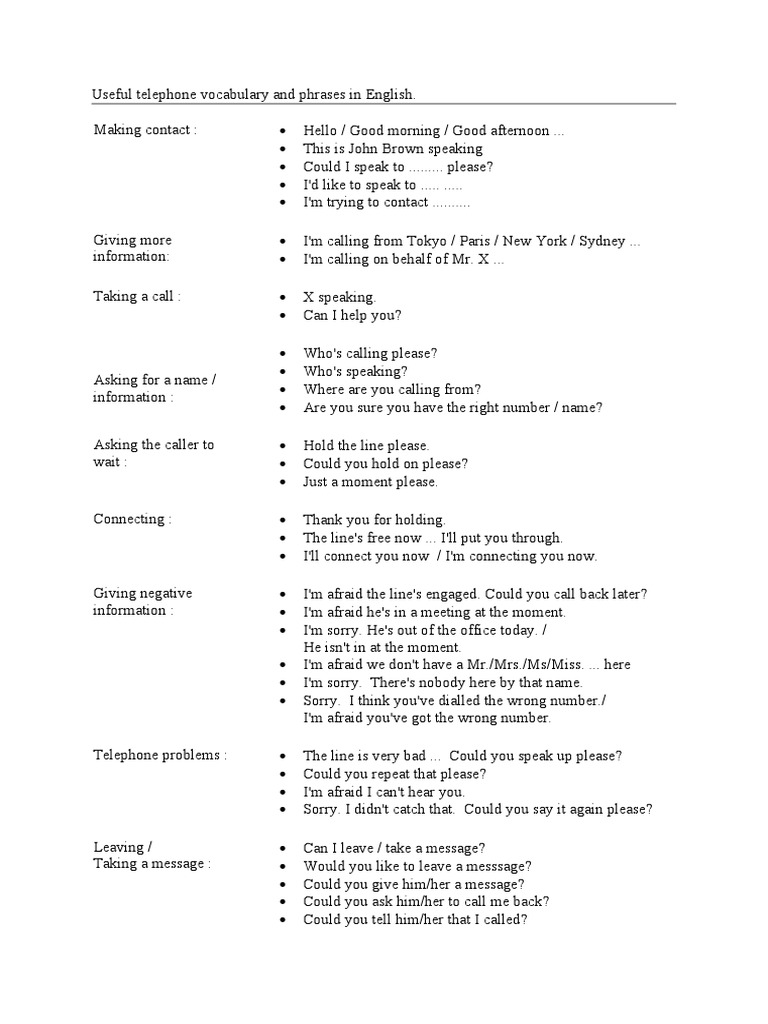 Useful Telephone Vocabulary and Phrases in English | PDF