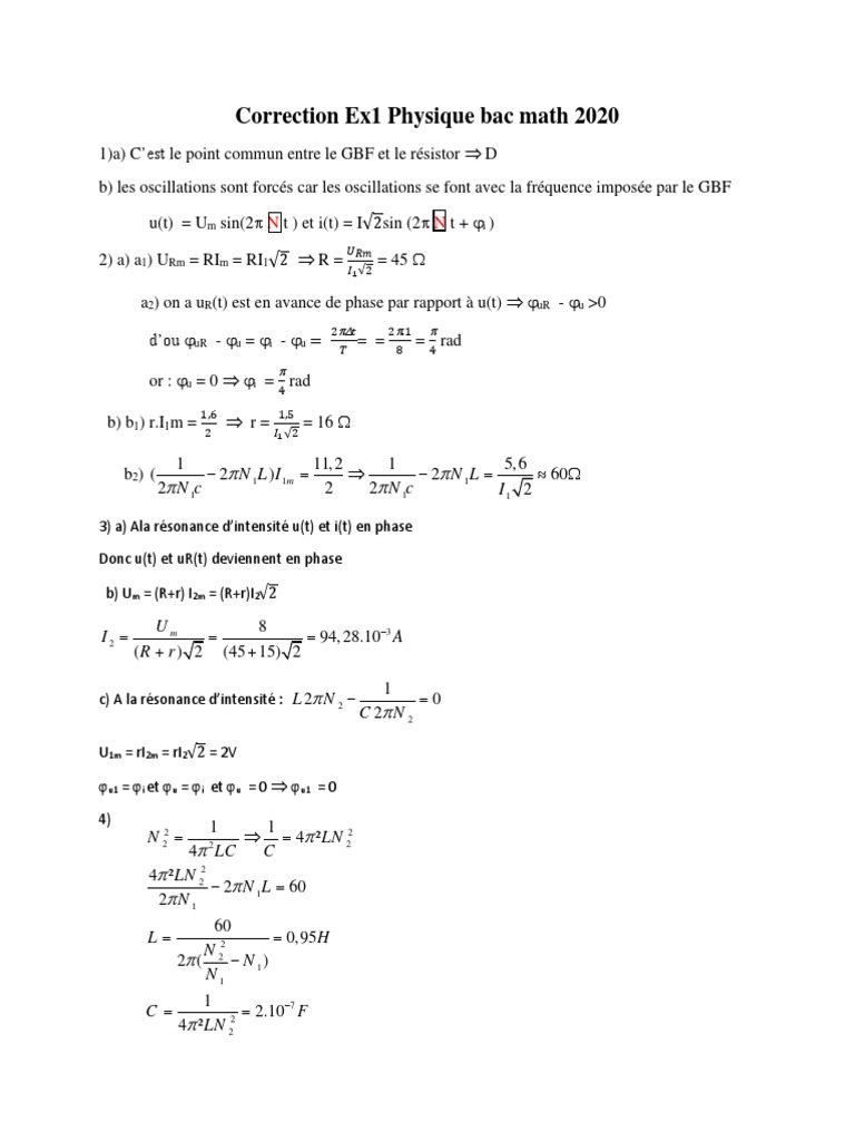 Correction Physique Bac Math 2020 | PDF