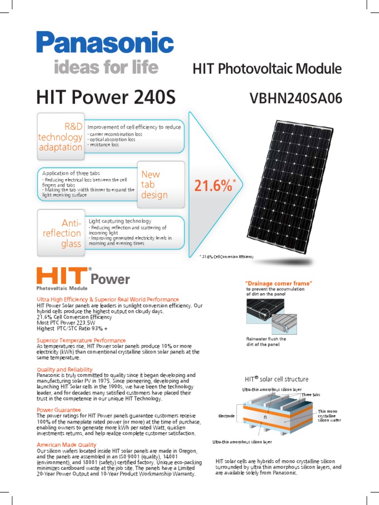Panasonic HIT 240S Data Sheet-1 | PDF | Solar Cell | Photovoltaics