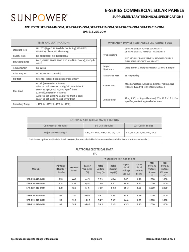 E-Series Commercial Solar Panel Specs | PDF | Solar Panel | Electric Power