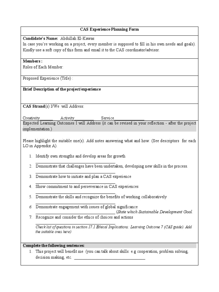 CAS Experience Planning Form Candidate's Name: Abdullah El-Kawas | PDF | Learning | Experience