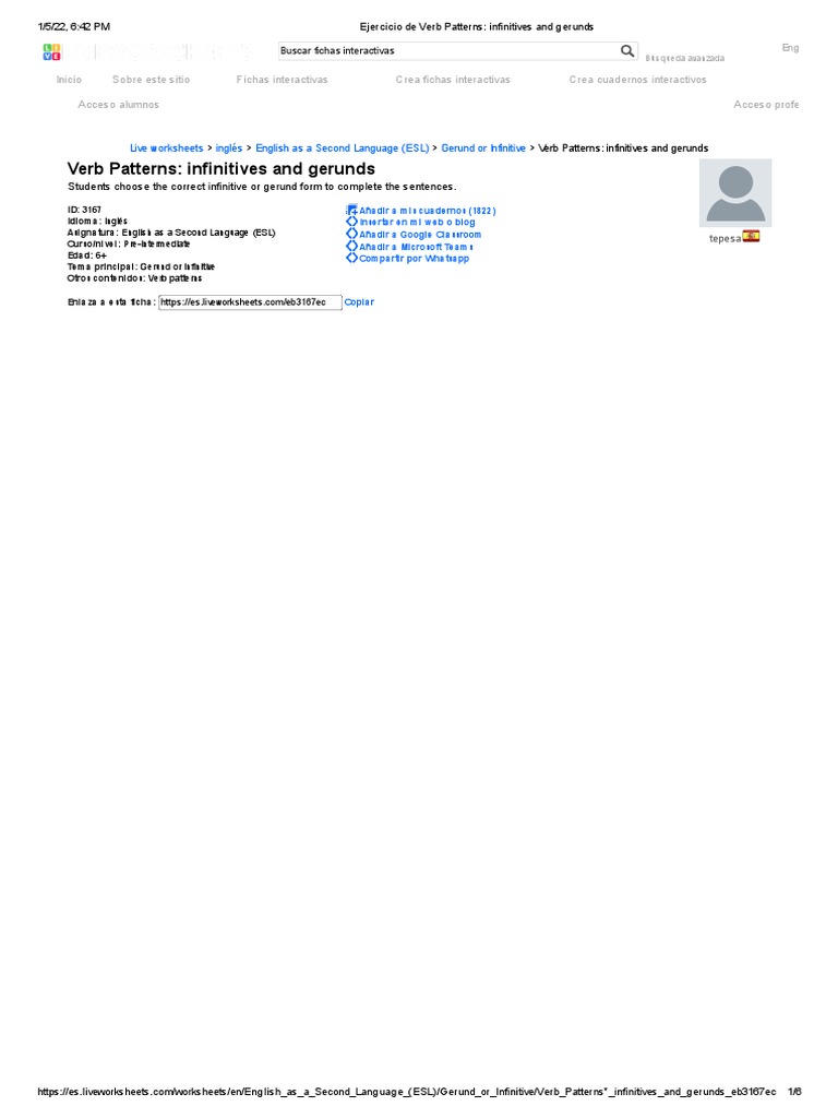 Ejercicio de Verb Patterns - Infinitives and Gerunds | PDF ...