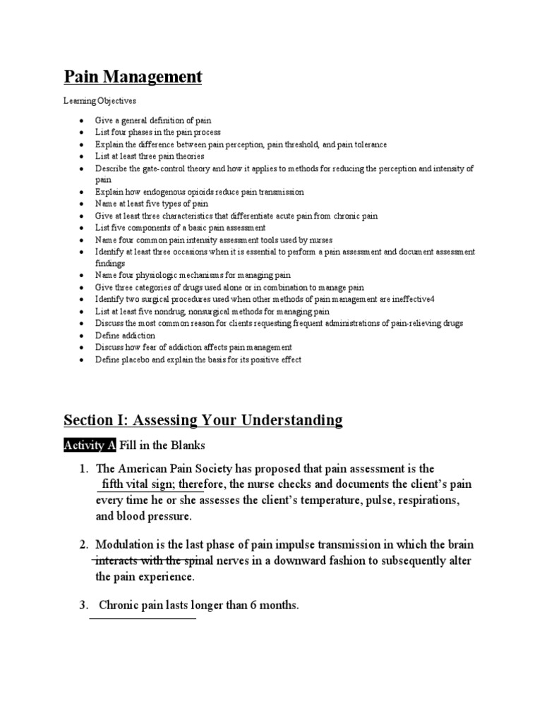 Pain Management: Section I: Assessing Your Understanding | PDF | Pain ...