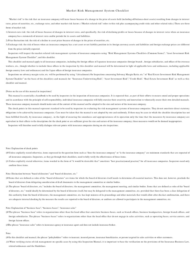 Checklist For Market Risk Management 17p. | PDF | Insurance | Value At Risk