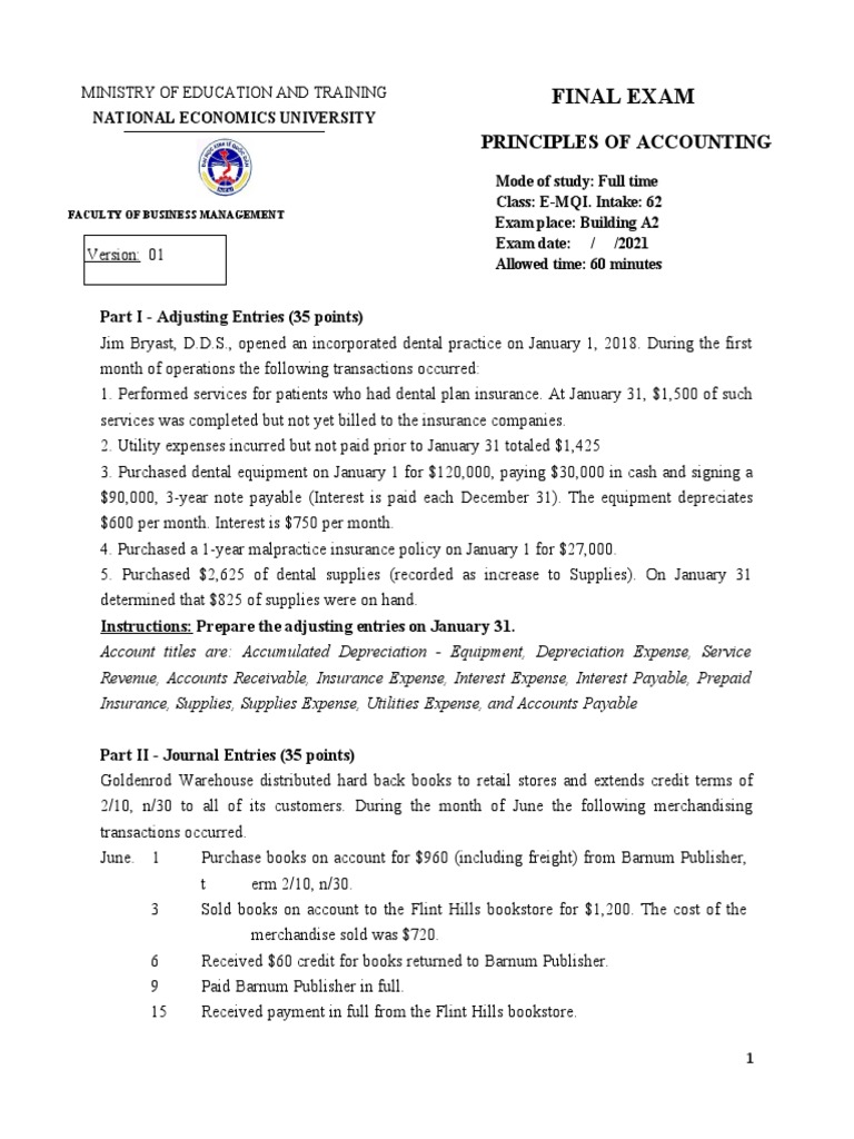 Final Exam - Principles of Accounting | PDF | Expense | Insurance