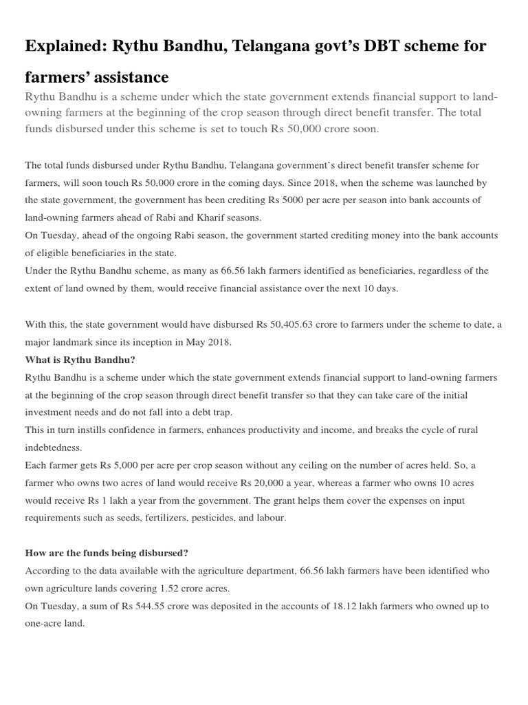 Rythu Bandhu Explained | PDF | Agriculture | Economies