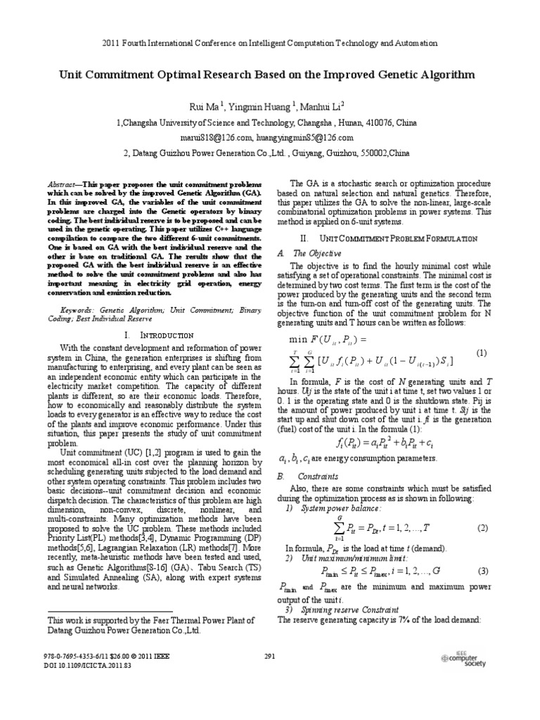 Unit Commitment Optimal Research Based On The Improved Genetic Algorithm Pdf Genetic