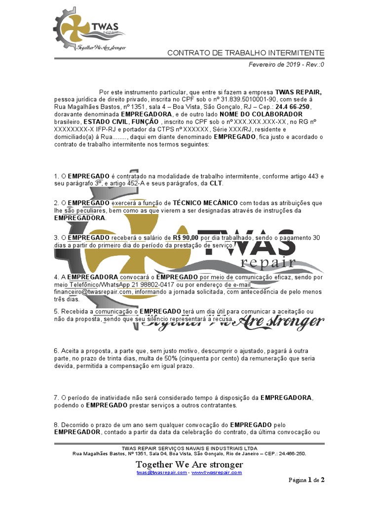 Modelo - Contrato de Trabalho Intermitente | PDF | Economias | Direito Privado