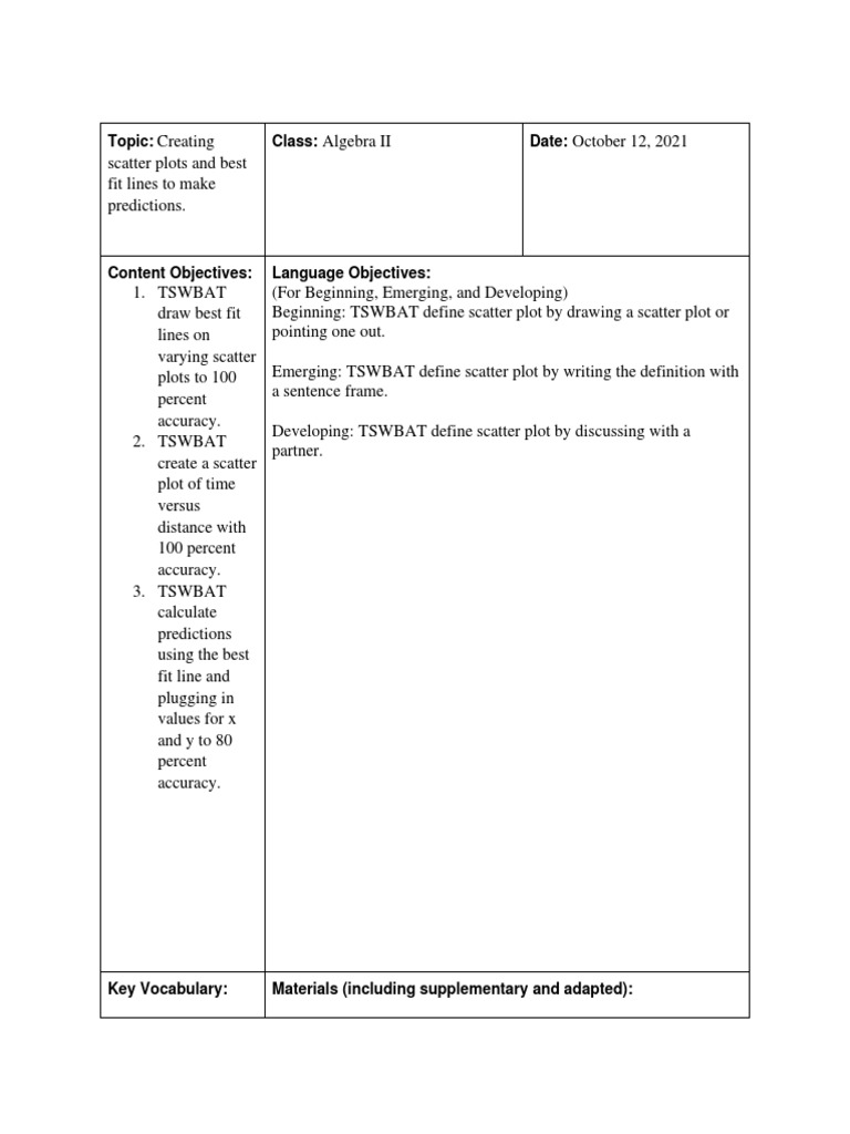 Siop Lesson Plan | PDF | Linear Regression | Scatter Plot