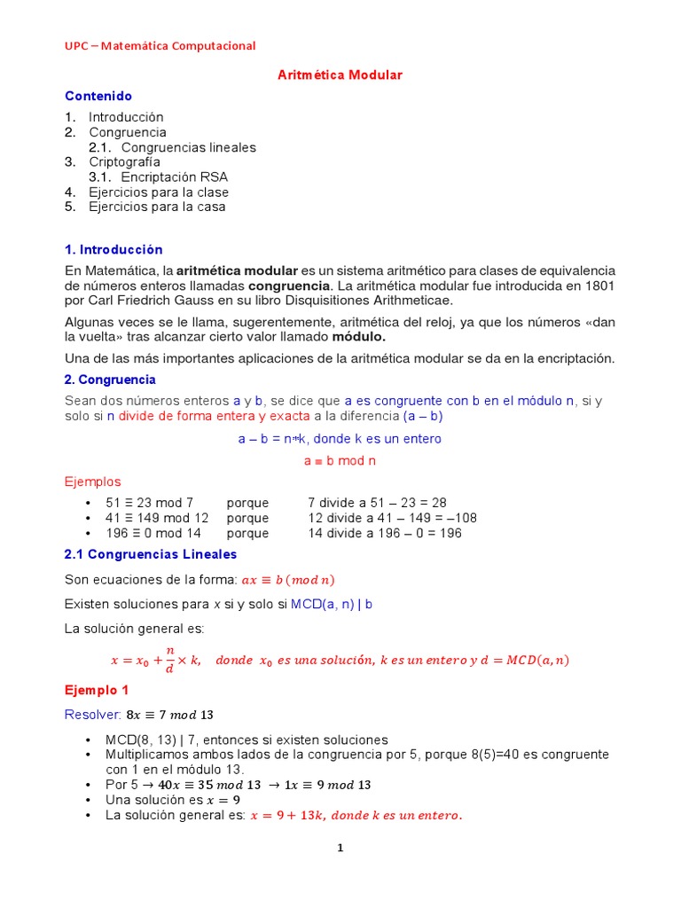 01 Aritmetica Modular | PDF | Matemáticas | Criptografía